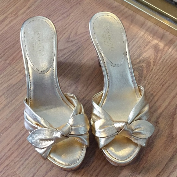 Coach | Shoes | Coach Karen Gold Open Tor Cork Heels | Poshmark